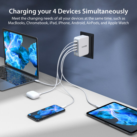 J5create JUP43130 130W GaN USB-C 4-Port Charger - (USB-C PDx 3, USB-A x 1 with Auto Balance ...