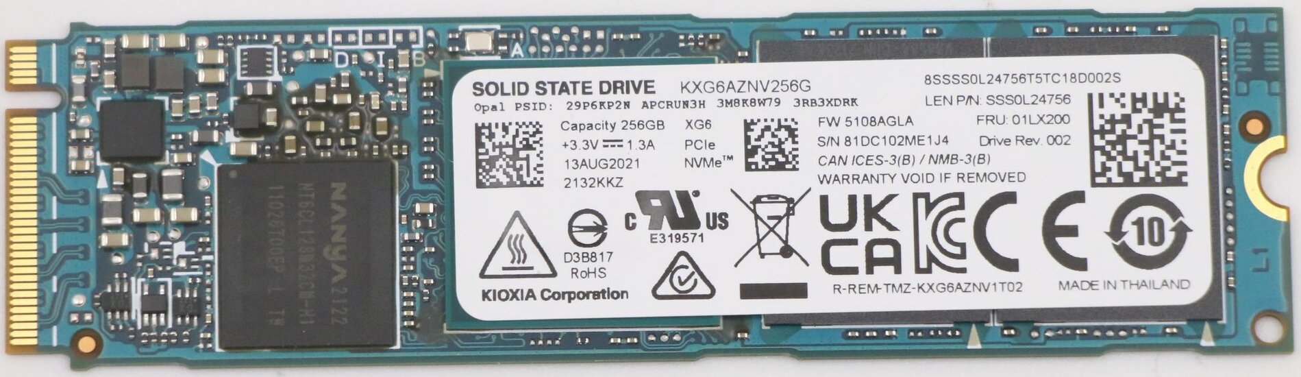 Lenovo SSD M.2 PCIe NVMe FRU SSD 256GB RoHS Toshiba M.2 XG6 256GB OPAL ...