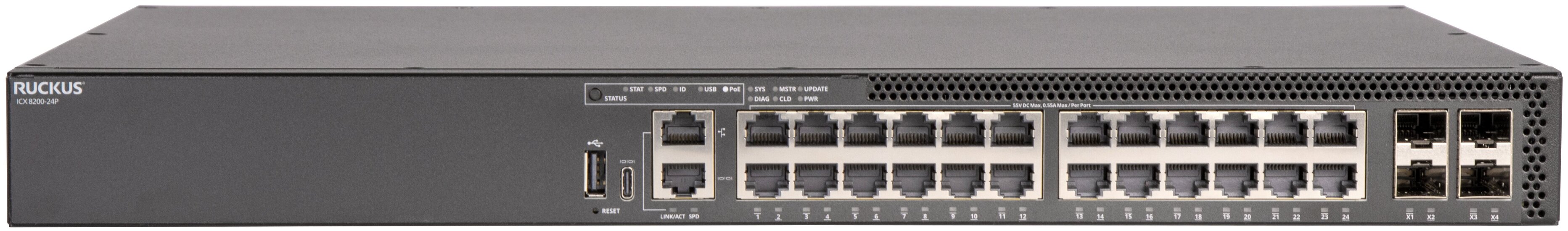 RUCKUS ICX 8200 Switch, 24x10 / 100 / 1000 Mbps PoE+ ports, 4x25 GbE ...